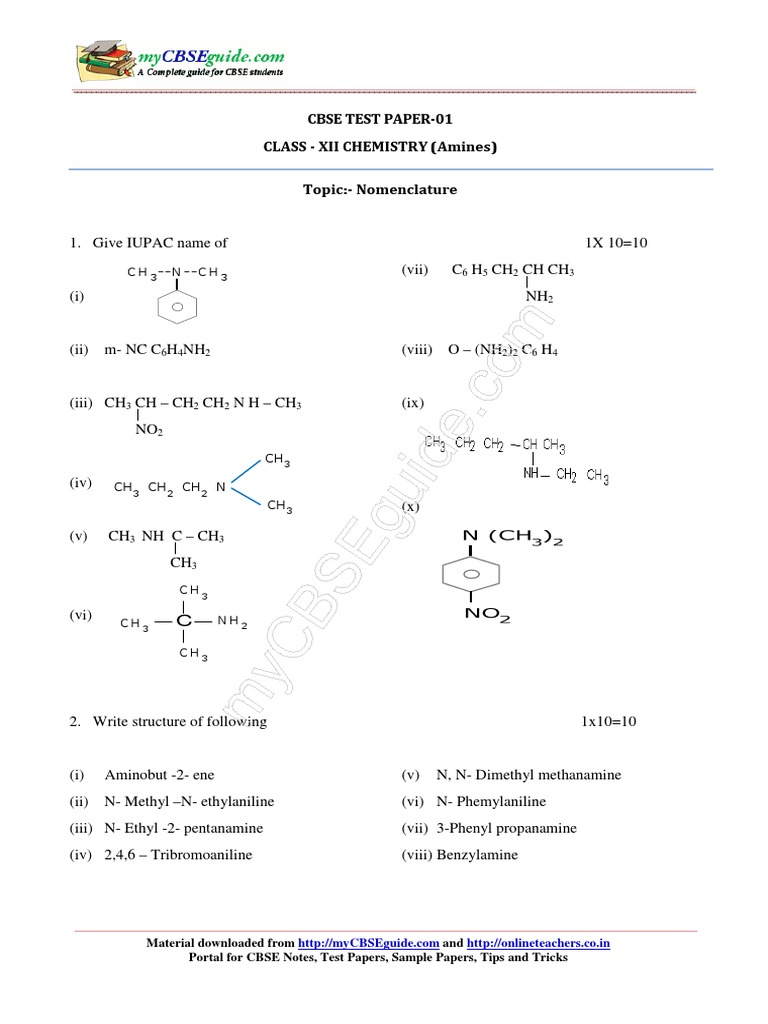 CBSE Test Paper on IUPAC Nomenclature of Amines | PDF | Methyl Group ...
