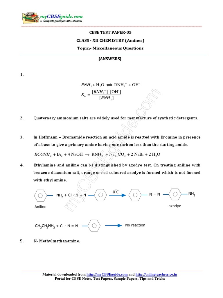 Cbse Test Paper-05 Class - Xii Chemistry (Amines) Topic:-Miscellaneous ...