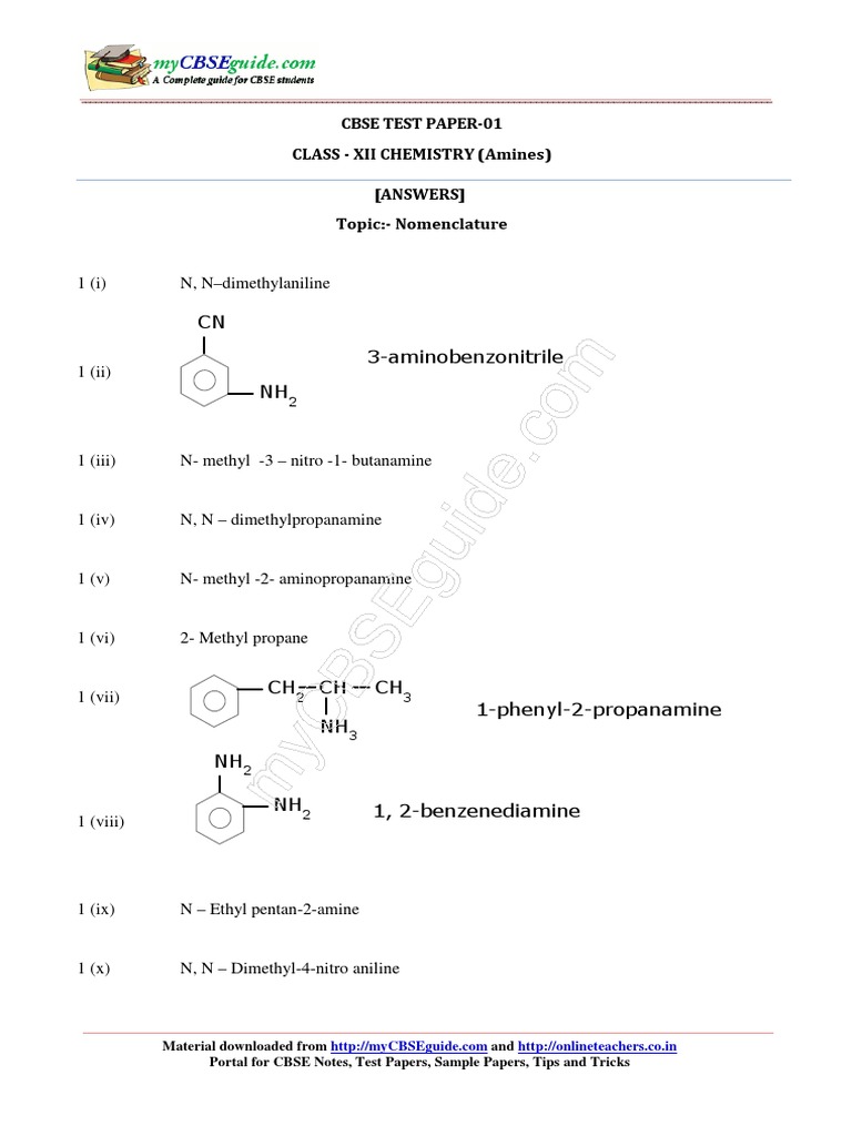 CN 3-Aminobenzonitrile: Cbse Test Paper-01 Class - Xii Chemistry ...