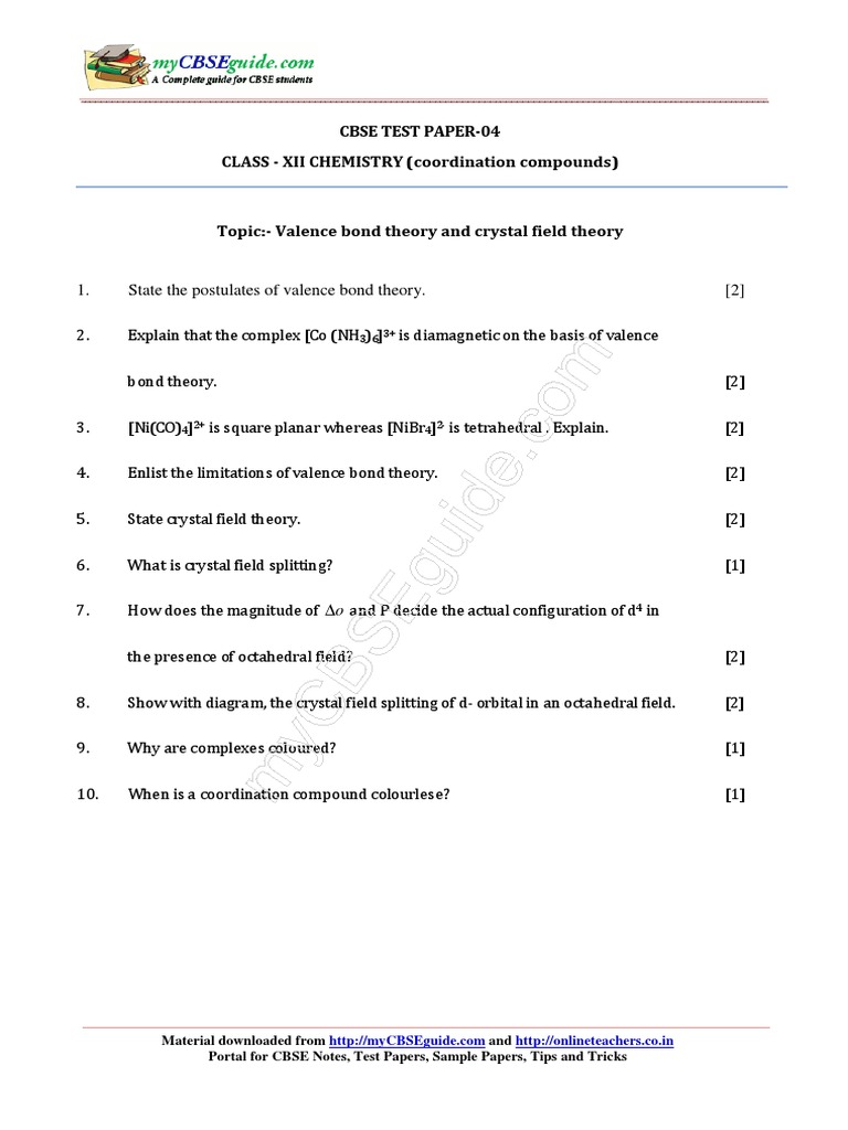 Cbse Test Paper-04 CLASS - XII CHEMISTRY (Coordination Compounds) | PDF