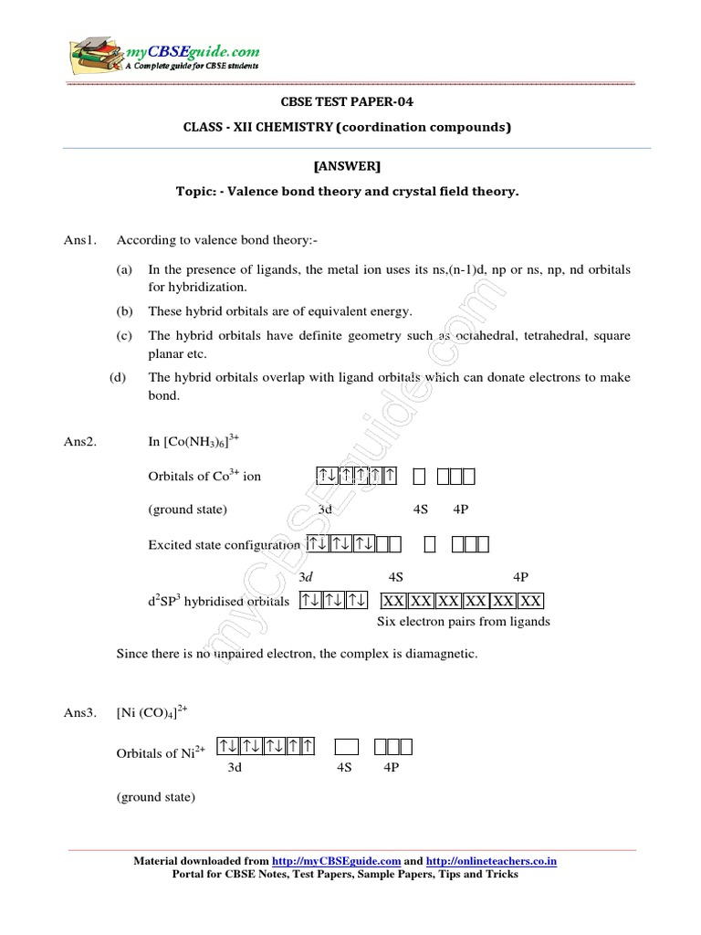 Cbse Test Paper-04 CLASS - XII CHEMISTRY (Coordination Compounds) | PDF ...