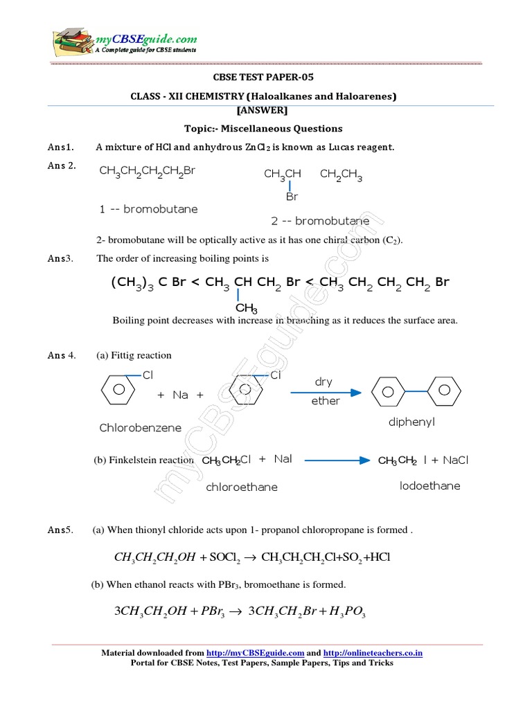 12 Chemistry Haloalkanes and Haloarenes Test 05 Answer s2l6 PDF | PDF ...