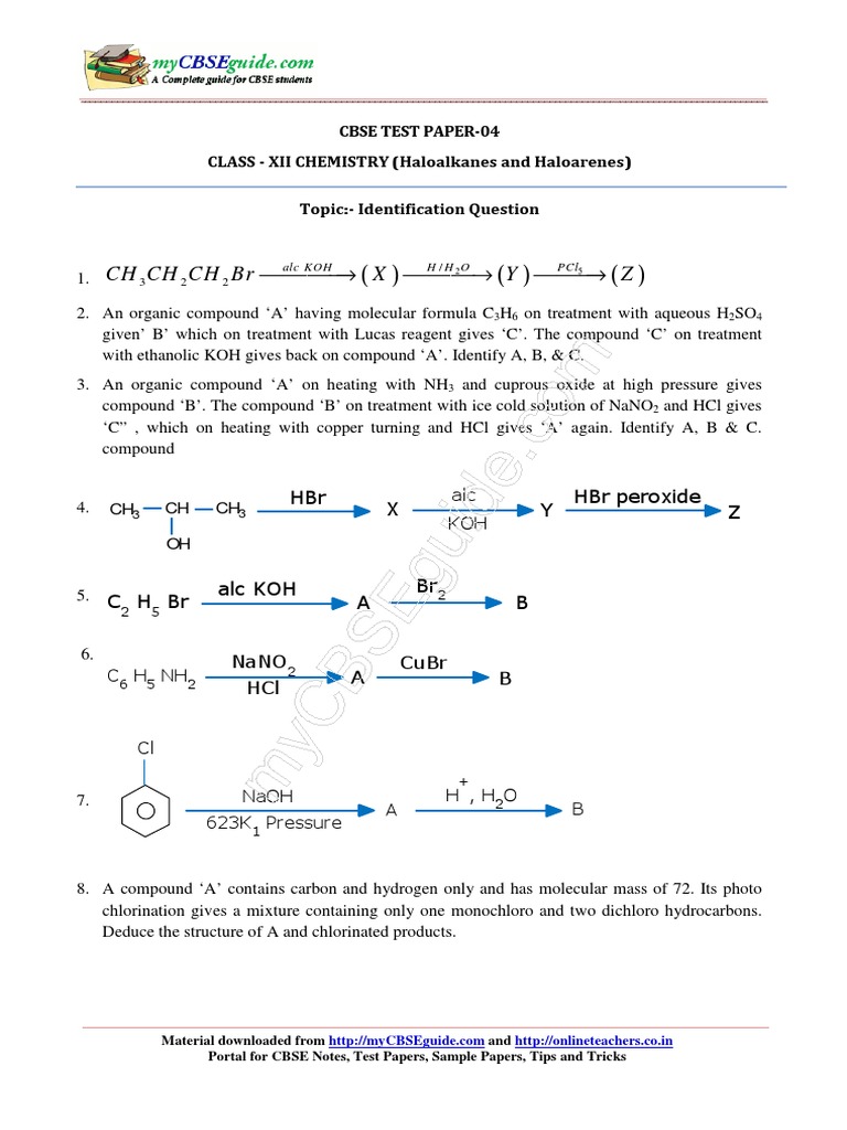 CBSE Class 12 Chemistry Test Paper on Haloalkanes | PDF | Chlorine ...