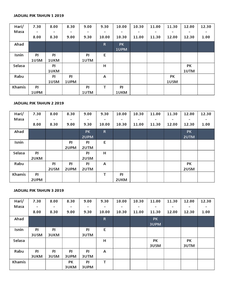 Jadual PJK 2019 Tahun 1-6 | PDF