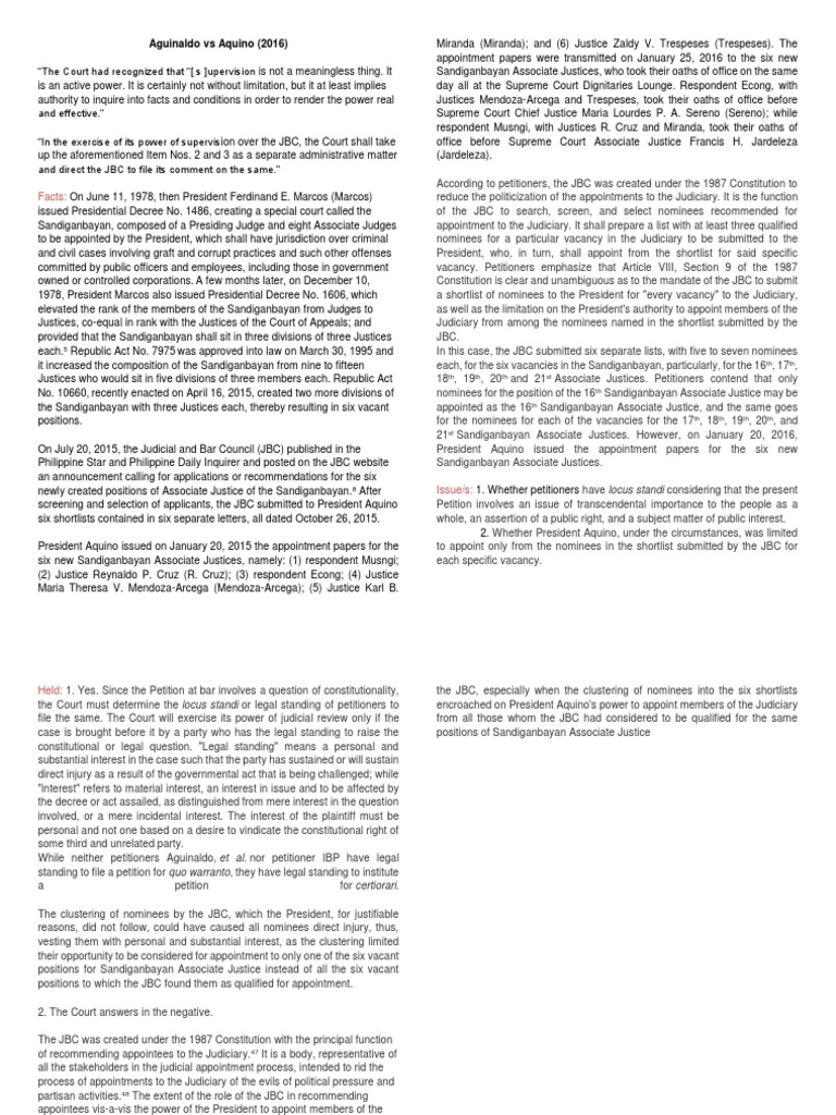 Aguinaldo Vs Aquino | PDF | Standing (Law) | President Of The Philippines