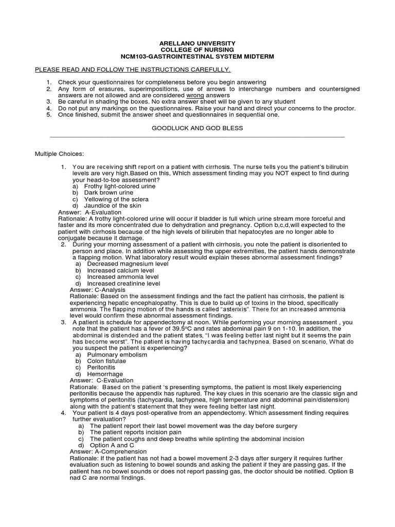 NCM 103 Test Bank | PDF | Constipation | Gallbladder