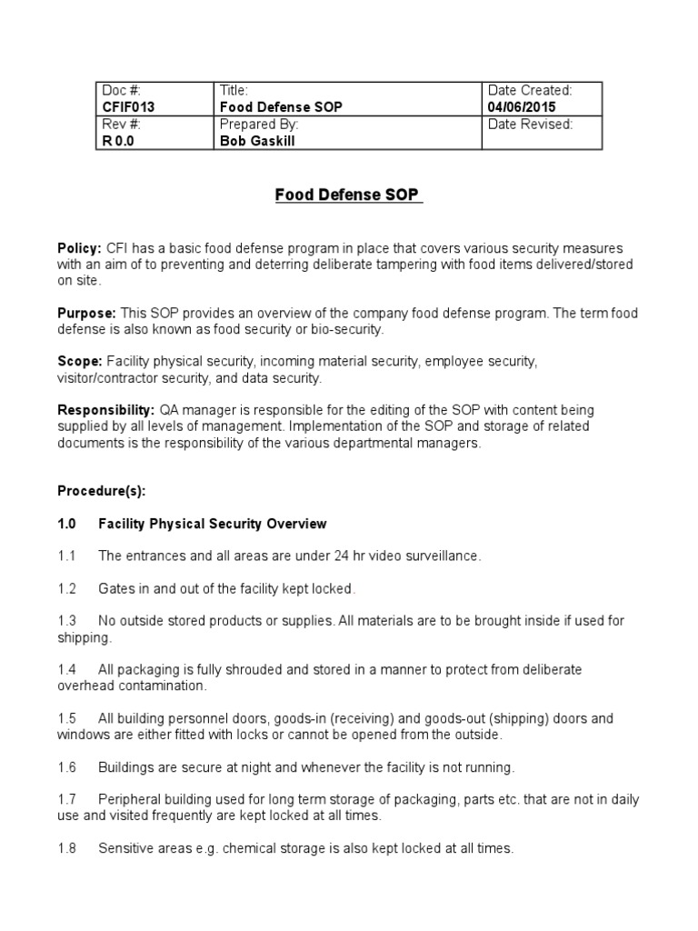 SOP Food Defence | Identity Document | Physical Security