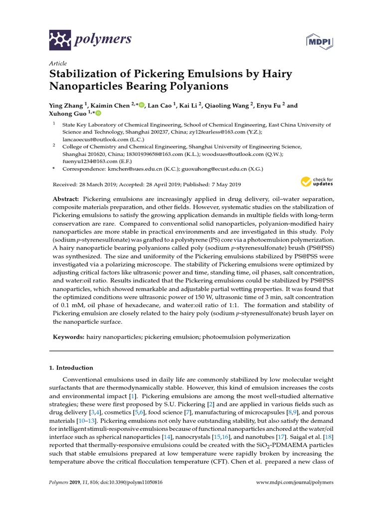 Polymers: Stabilization of Pickering Emulsions by Hairy Nanoparticles ...