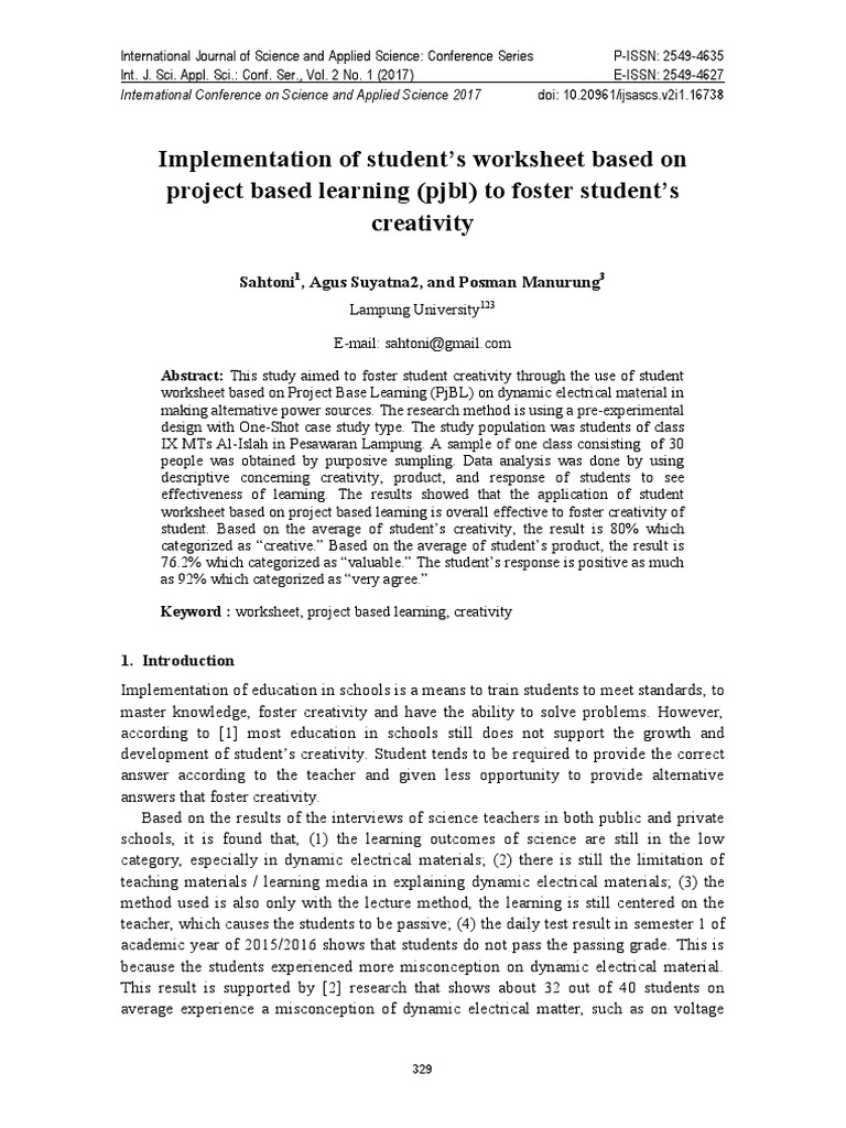 Implementation of Student's Worksheet Based On Project Based Learning (PJBL) To Foster Student's ...