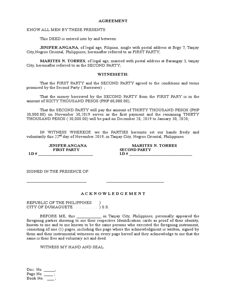 Agreement: First Party Second Party I.D # - I.D # | PDF