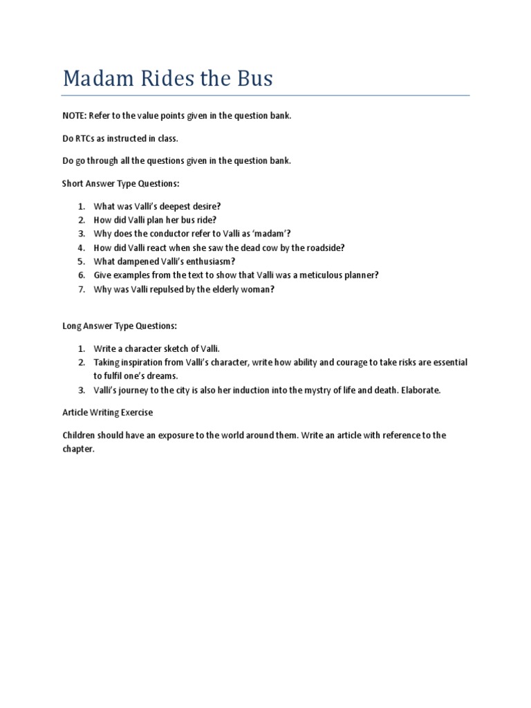 Valli's First Bus Ride: An Analysis of Questions Regarding Valli's ...