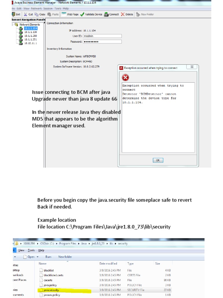 BCM Element Manager Issue Java 8 Update 71 and Newer | PDF