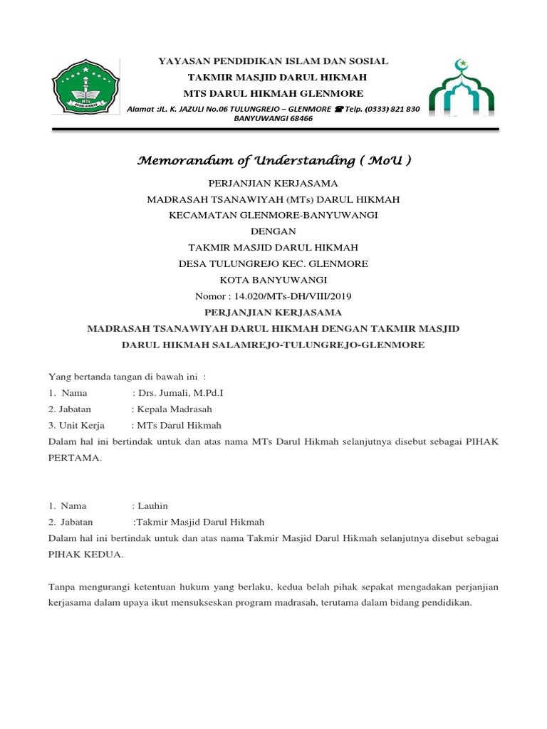 MoU MTs Darul Hikmah dan Masjid | PDF