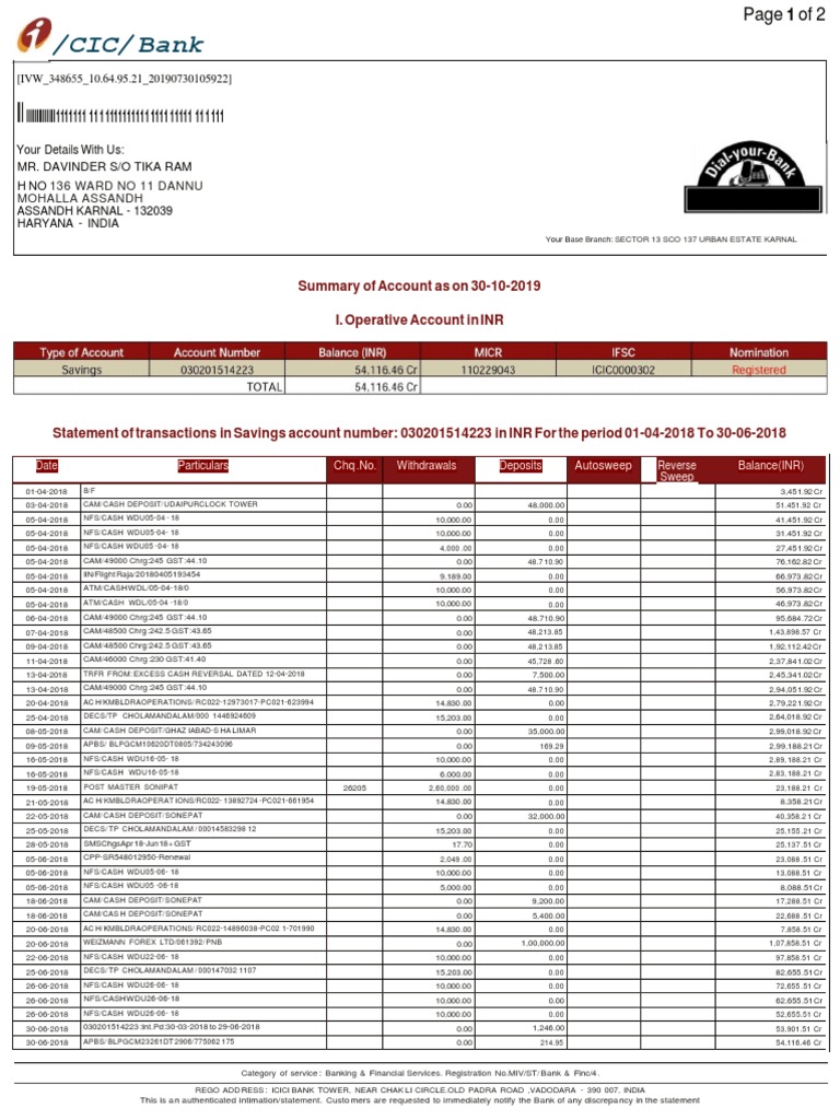 CIC/ Bank: Summary of Account As On 30-10-2019 I. Operative Account in ...