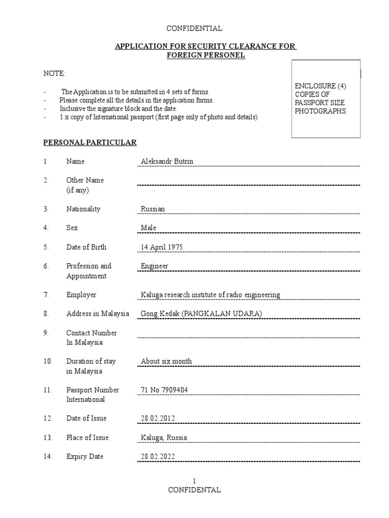 Security Clearance Application for Foreign Personnel | PDF
