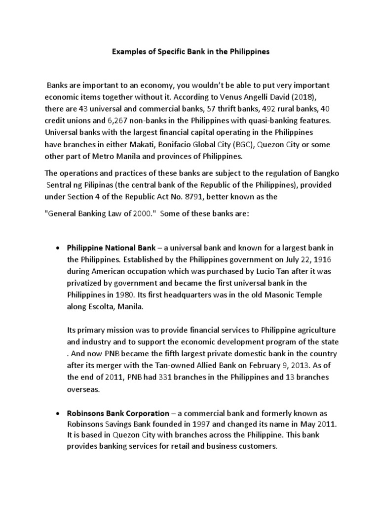 Examples of Specific Bank in The Philippines | PDF | Metro Manila | Banks