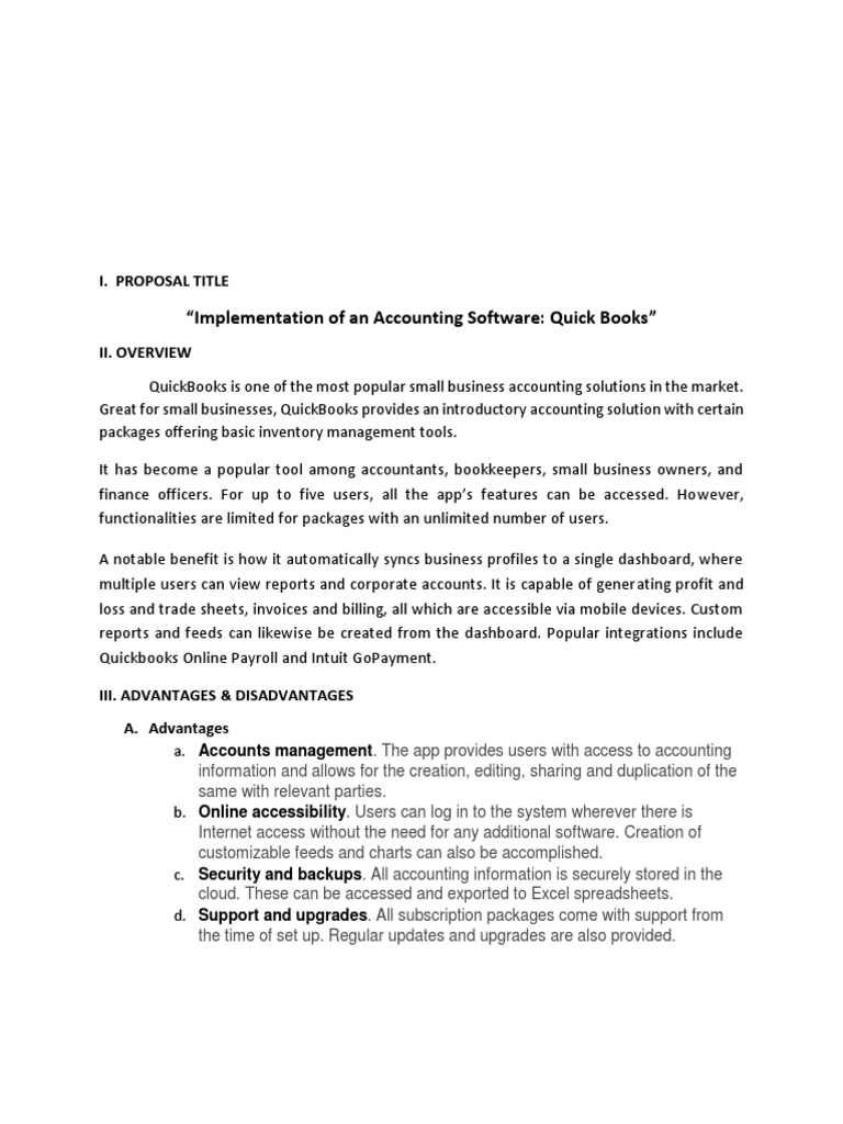 "Implementation of An Accounting Software: Quick Books": I. Proposal ...