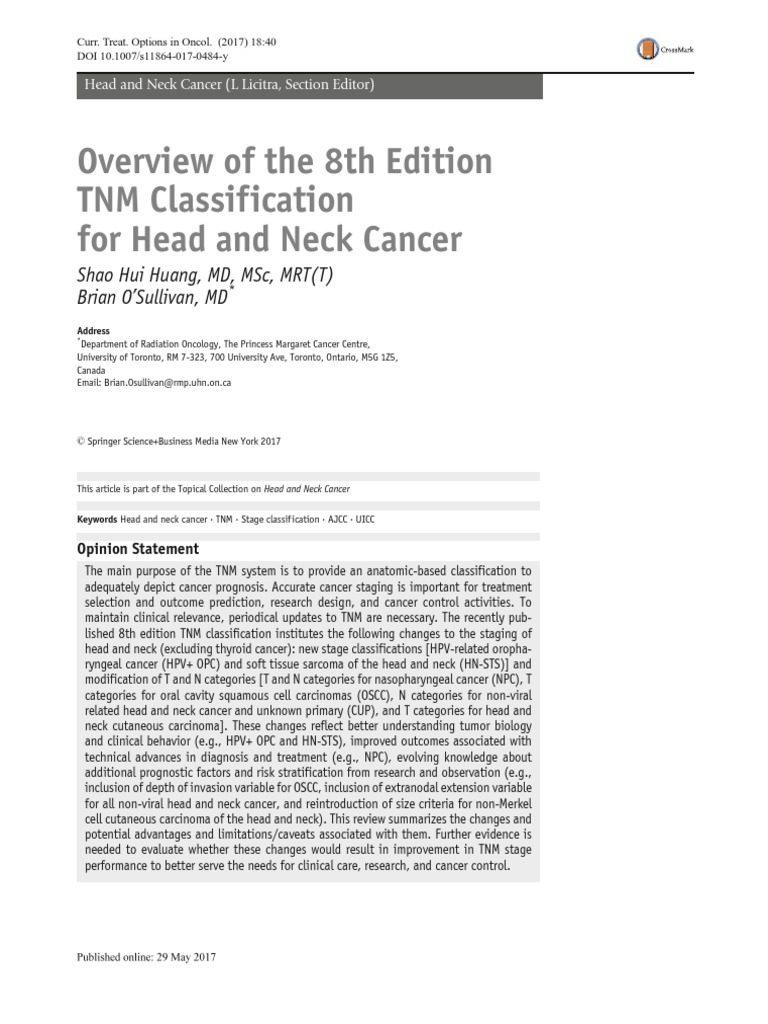 Overview of The 8th Edition TNM Classification For Head and Neck Cancer ...