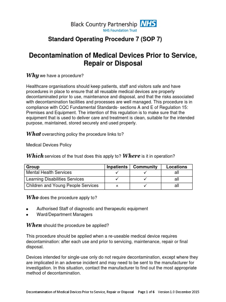 Decontamination of Medical Devices Prior To Service, Repair or Disposal ...