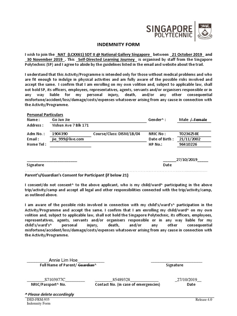 Student Indemnity Form for Self-Directed Learning Journey at the ...