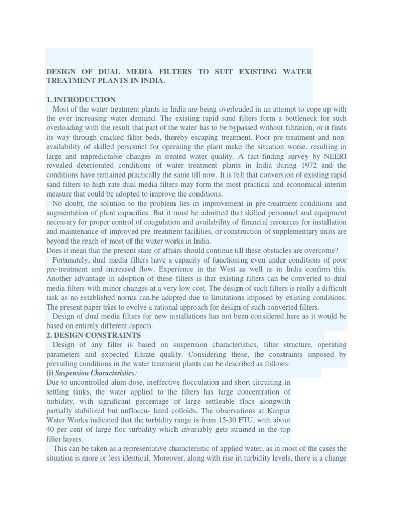 Design of Dual Media Filters for India | PDF | Filtration | Water ...