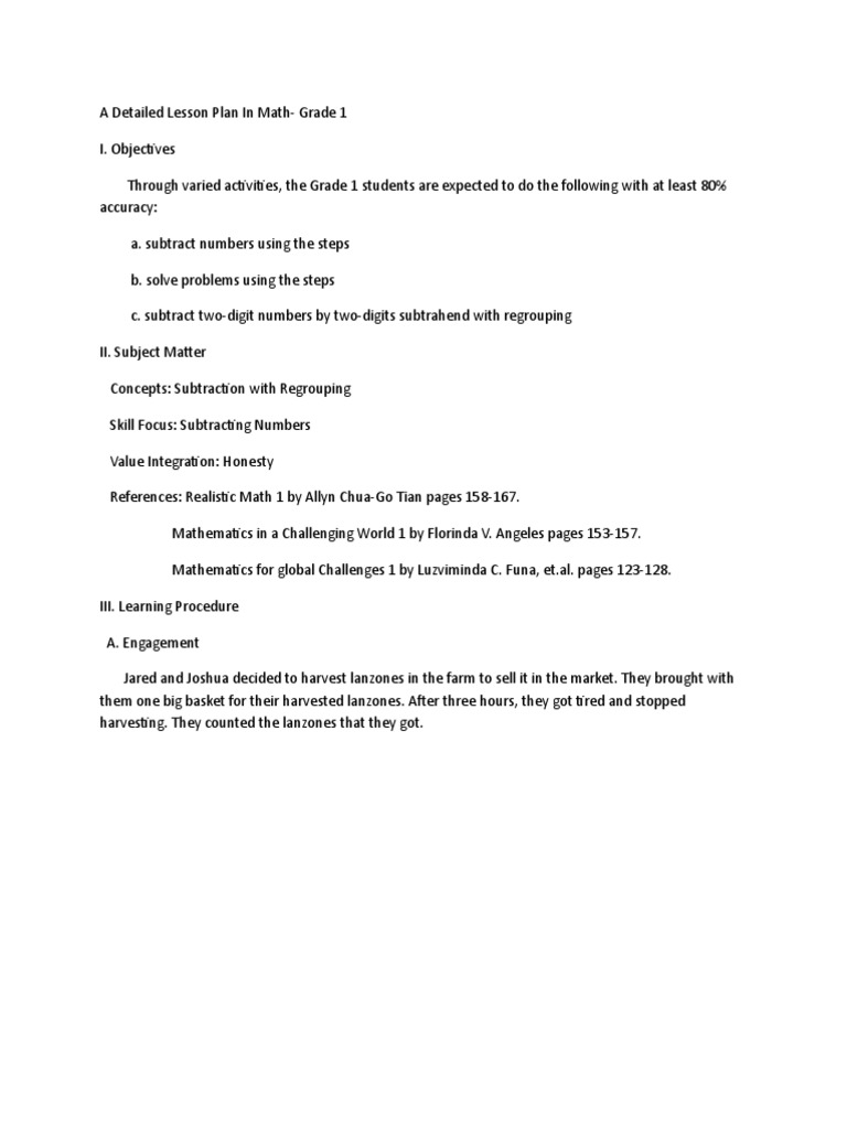 Lesson Plan Math1 | PDF | Subtraction | Education Theory Lesson Plan Math1 | PDF | Subtraction | Education Theory