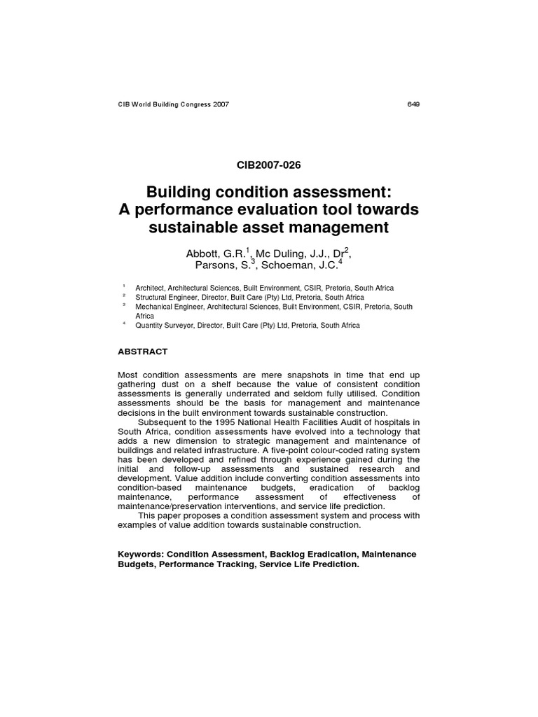 Building Condition Assessment: A Performance Evaluation Tool Towards ...