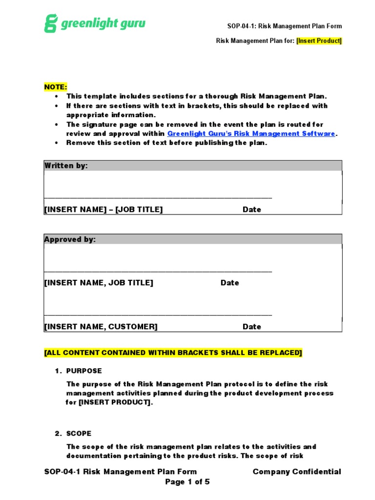 Risk Management Plan Form - Greenlight Guru | PDF | Risk Management ...