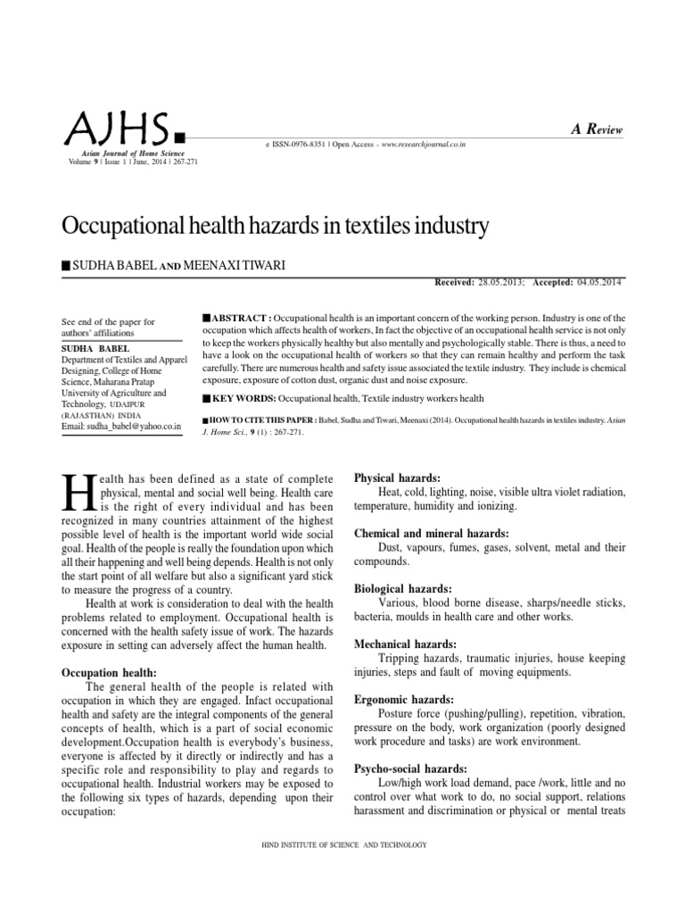 Occupational Health Hazards in Textiles | PDF | Textile Manufacturing ...