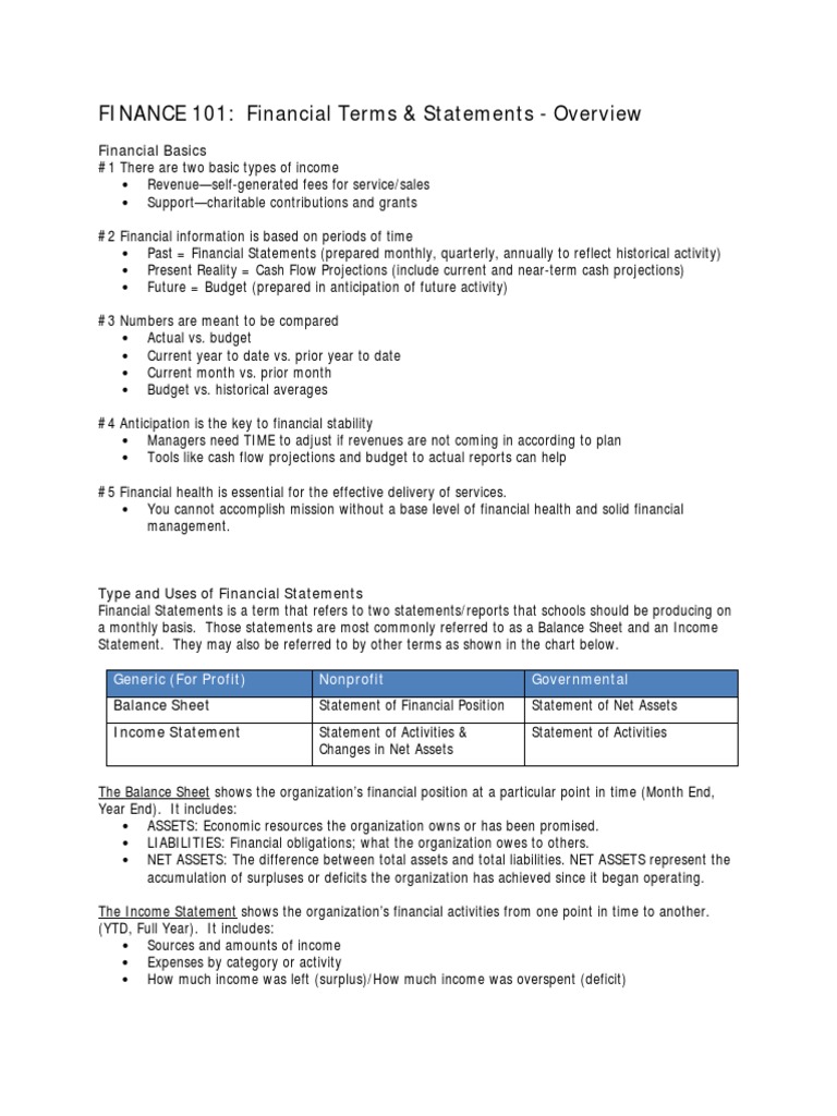 FINANCE 101: Financial Terms & Statements - Overview | PDF | Financial ...