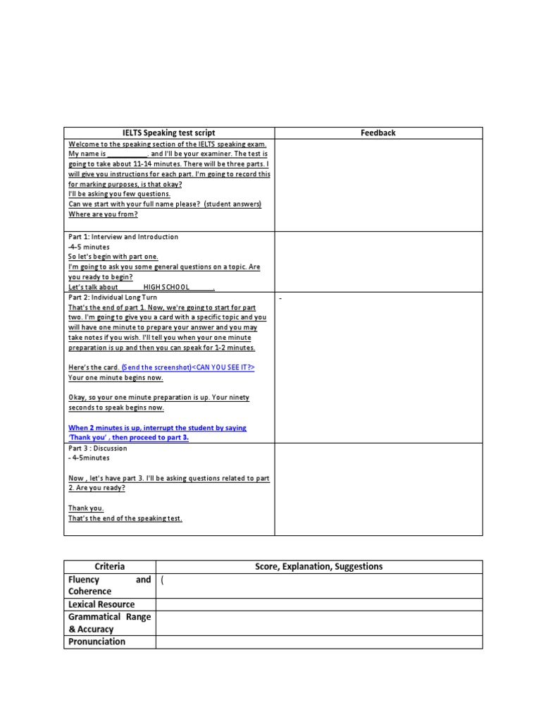 IELTS Speaking Test Script Feedback | PDF | International English ...