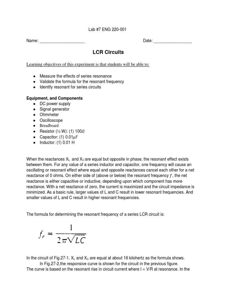 LCR Circuits: Learning Objectives of This Experiment Is That Students ...