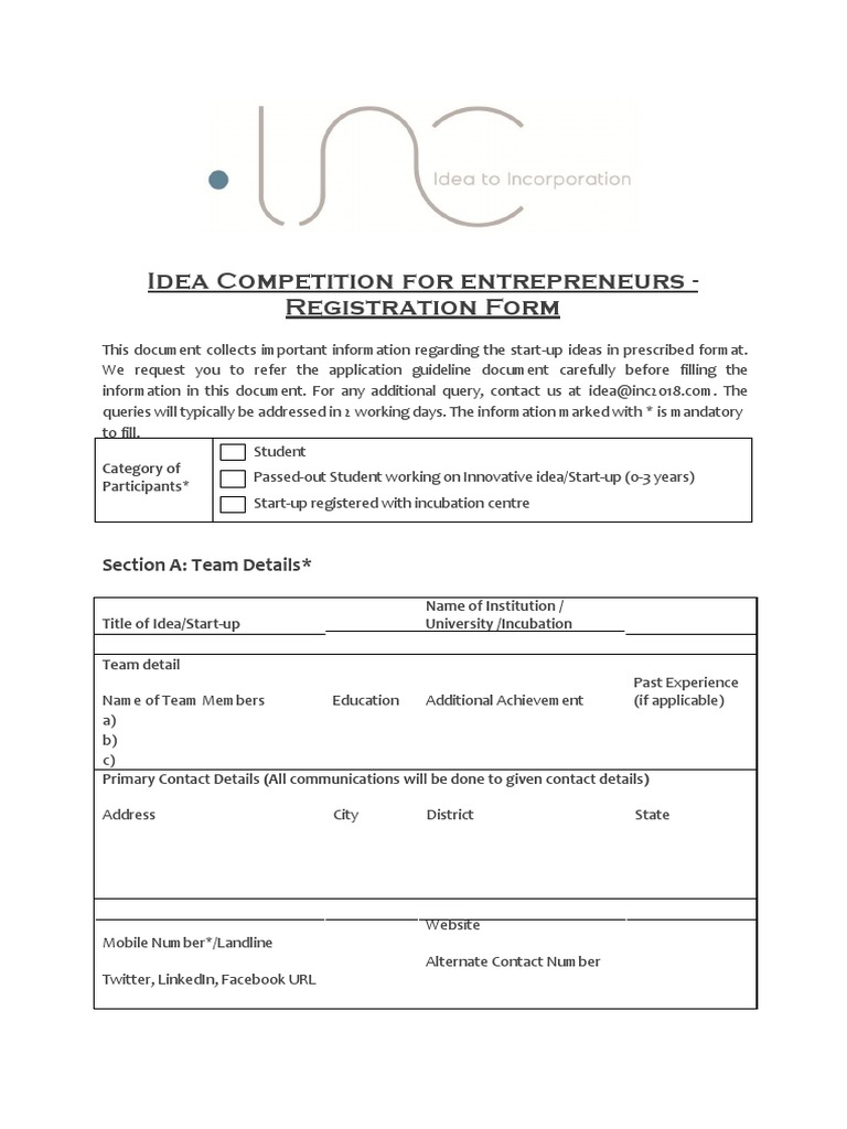 Idea Competition For Entrepreneurs - Registration Form: Section A: Team ...