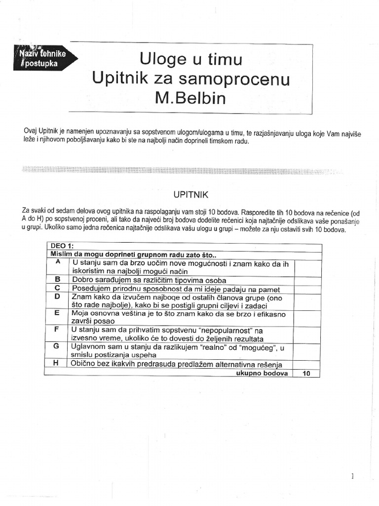Upitnik Za Timski Rad PDF | PDF