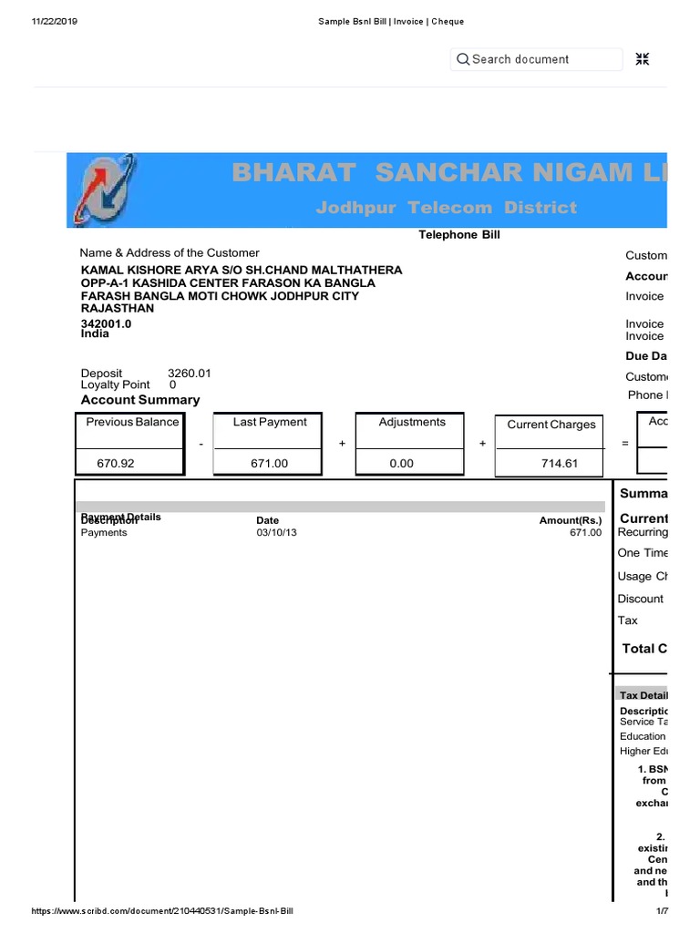 Sample BSNL Bill - Invoice - Cheque | PDF | Invoice | Cheque