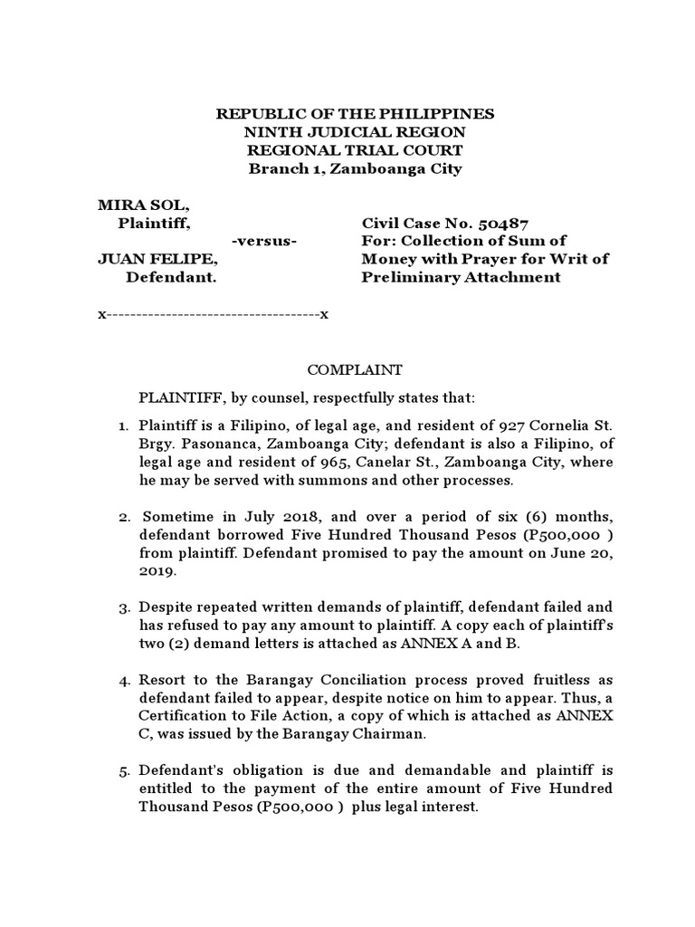 Sample COmplaint For Sum of Money Header | PDF