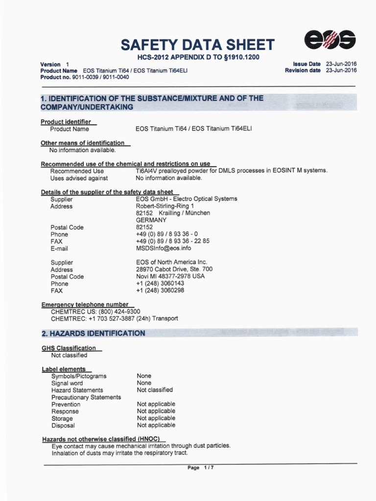 EOS Titanium Ti64 SDS | PDF