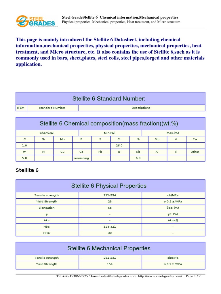 Datasheet For Steel Grades Tool Steel and Hard Alloy Stellite 6 | PDF ...