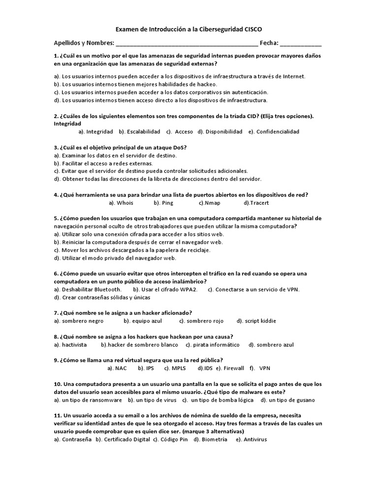 Examen de Ciberseguridad CISCO | PDF | Hacker de seguridad | La ...