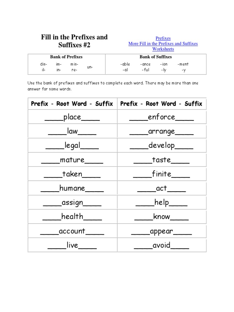 Fill in The Prefixes and Suffixes #2: Prefix - Root Word - Suffix ...