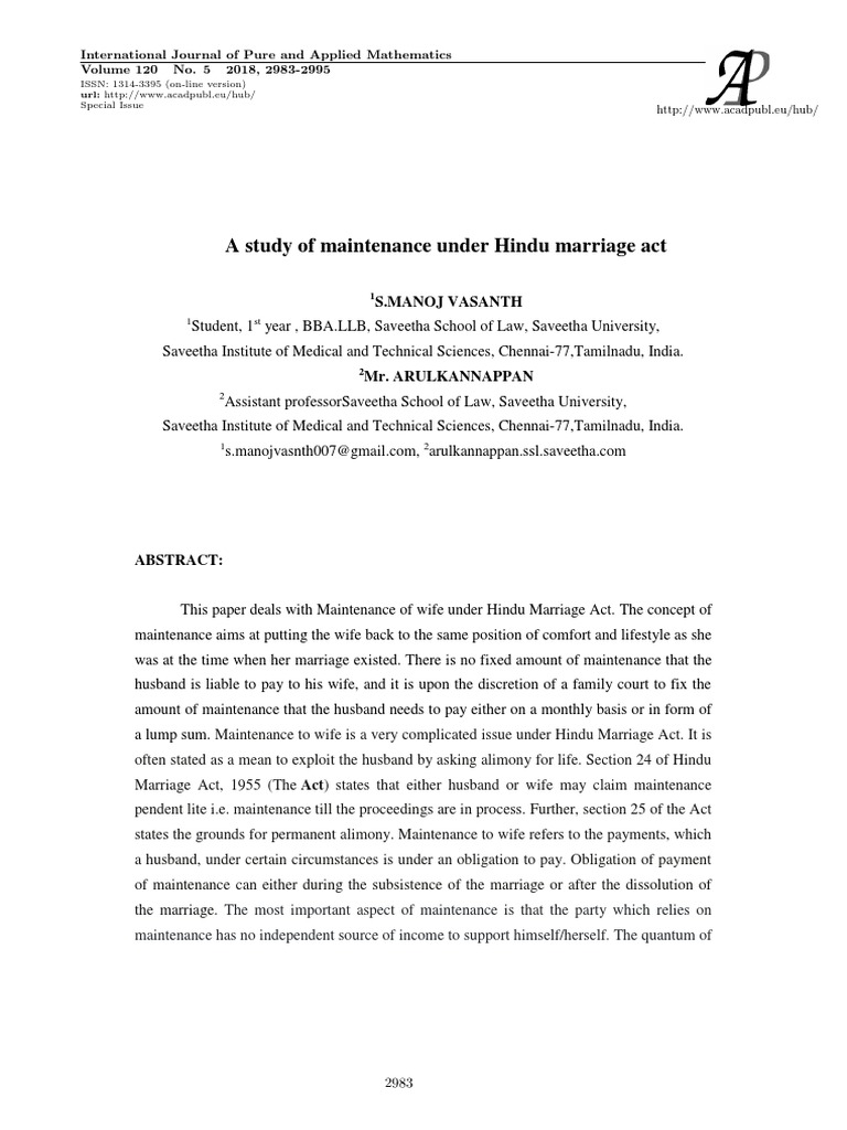 A Study of Maintenance Under Hindu Marriage Act: S.Manoj Vasanth | PDF ...