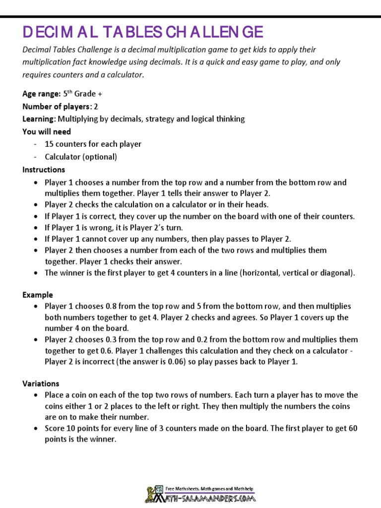 Decimal Tables Challenge | PDF | Multiplication | Teaching Mathematics
