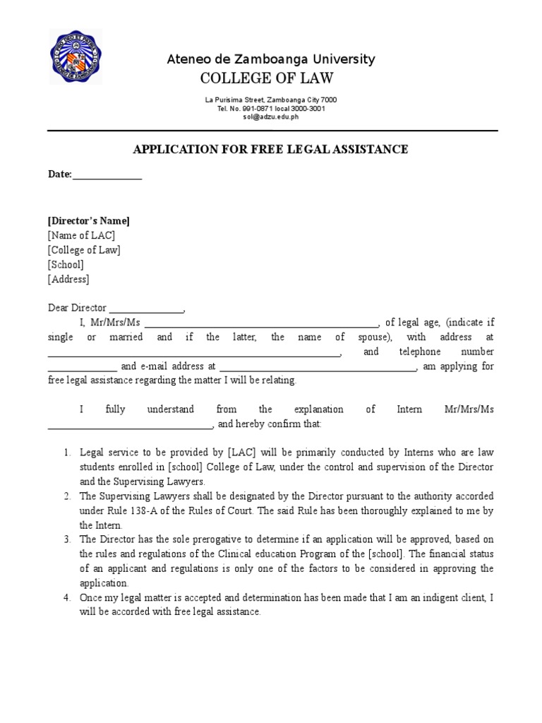 College of Law: Application For Free Legal Assistance | PDF | Legal Aid ...