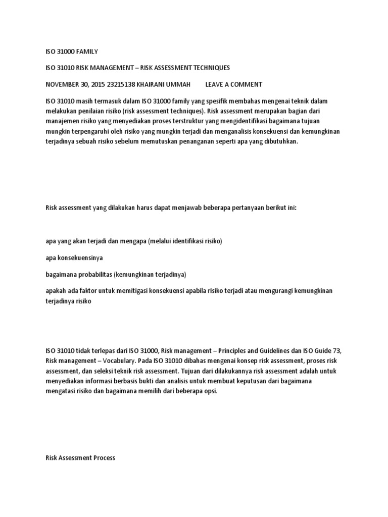 Iso 31010 Risk Management - Risk Assessment Techniques | PDF