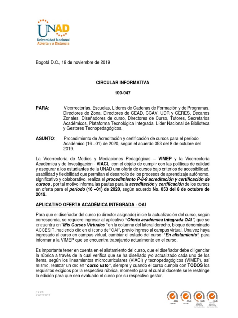 CIRCULAR No.100-047 Acreditación y Certificación de Cursos 2020-16-01 | PDF | Evaluación ...