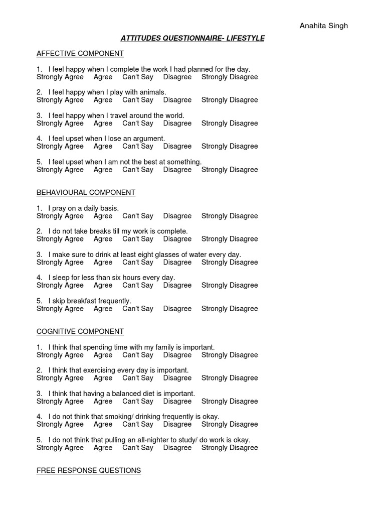 Attitudes Questionnaire-Lifestyle: Anahita Singh | PDF | Neuroscience ...