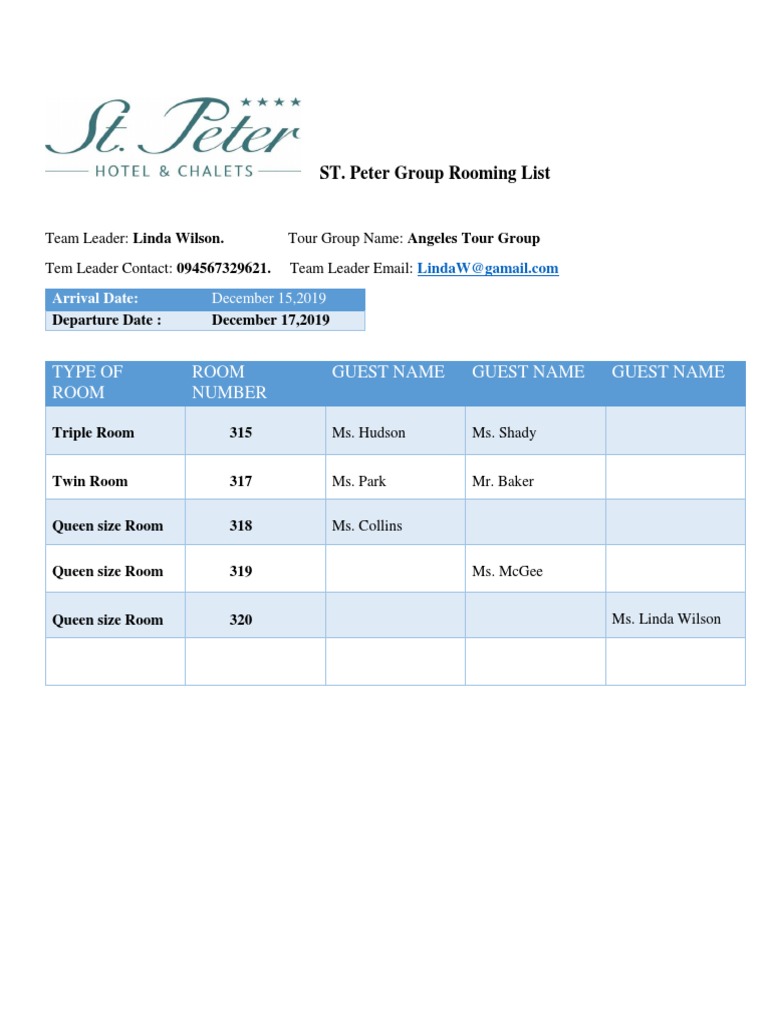 ST. Peter Group Rooming List: Type of Room Room Number Guest Name Guest ...