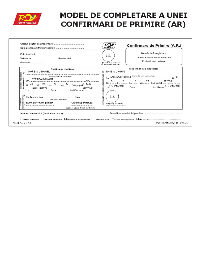 Model Completare Confirmare de Primire (AR) 09 - 2017 PDF | PDF