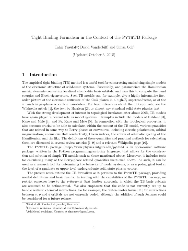 Tight-Binding Formalism in The Context of The Pythtb Package | PDF | Gauge Theory | Matrix ...