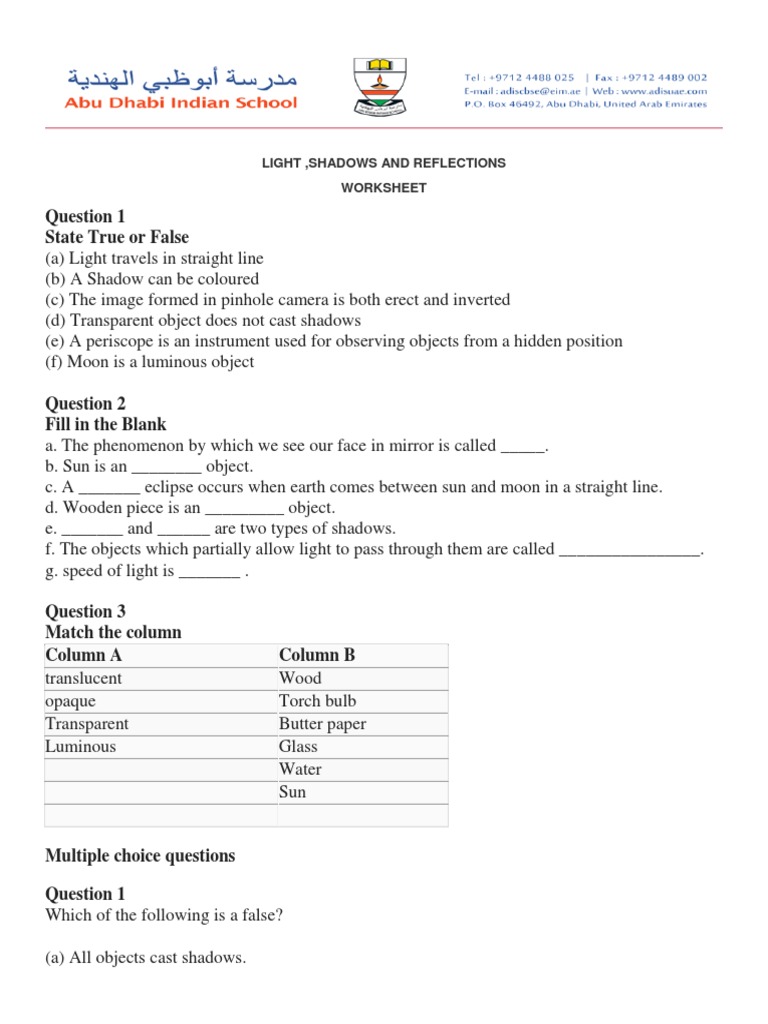 Light, Shadow, and Reflection Worksheet | PDF | Shadow | Speed Of Light